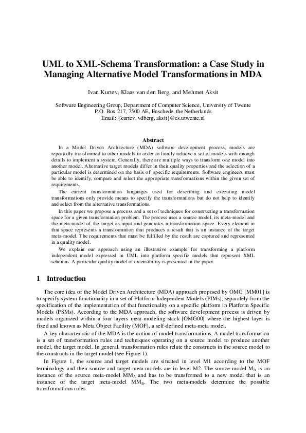 (PDF) UML to XML-Schema Transformation: a Case Study in Managing Alternative Model ...