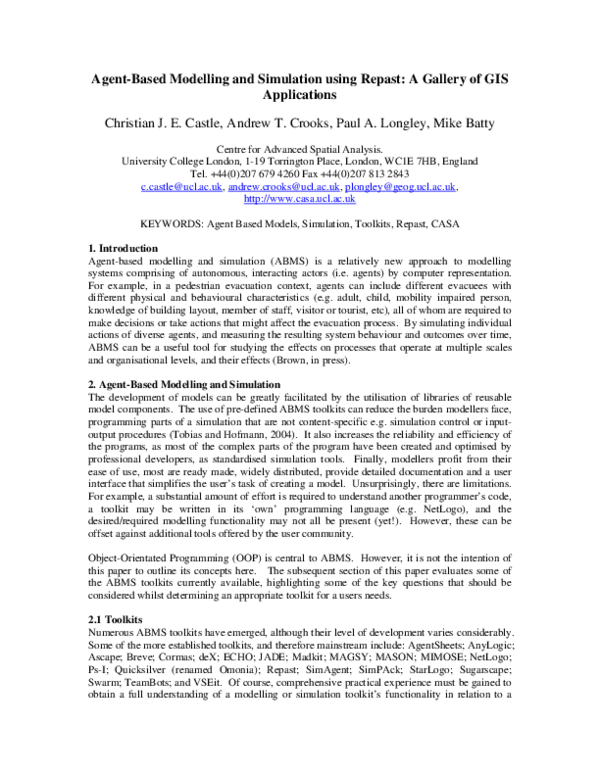 (PDF) Agent-Based Modelling and Simulation Using Repast: A Gallery of GIS Applications