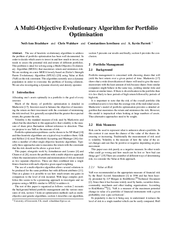 (PDF) A Multi-Objective Evolutionary Algorithm for Portfolio Optimisation