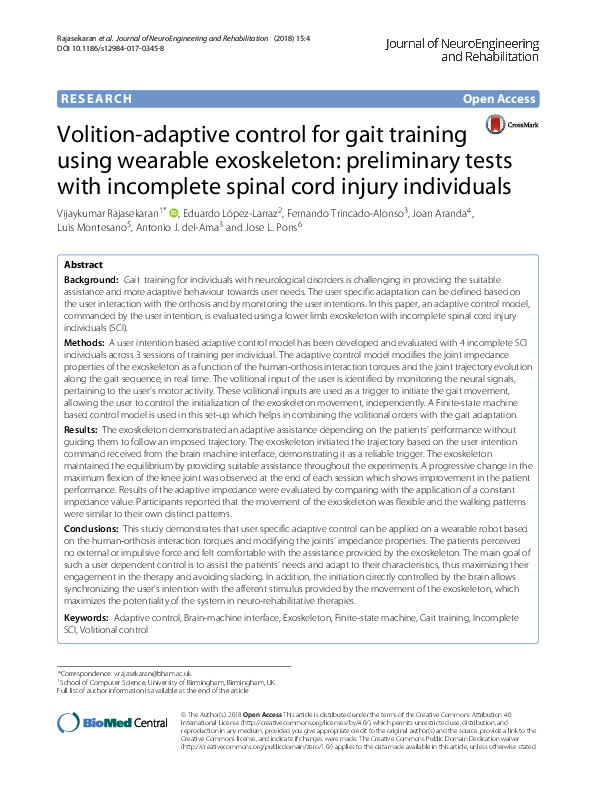 (PDF) Volition-adaptive control for gait training using wearable ...