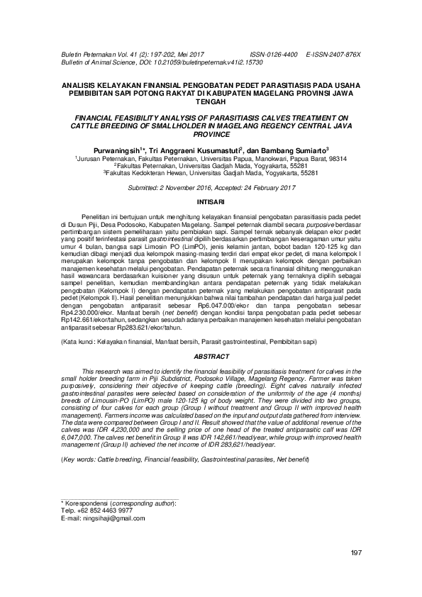 (PDF) Financial Feasibility Analysis of Parasitiasis Calves Treatment ...