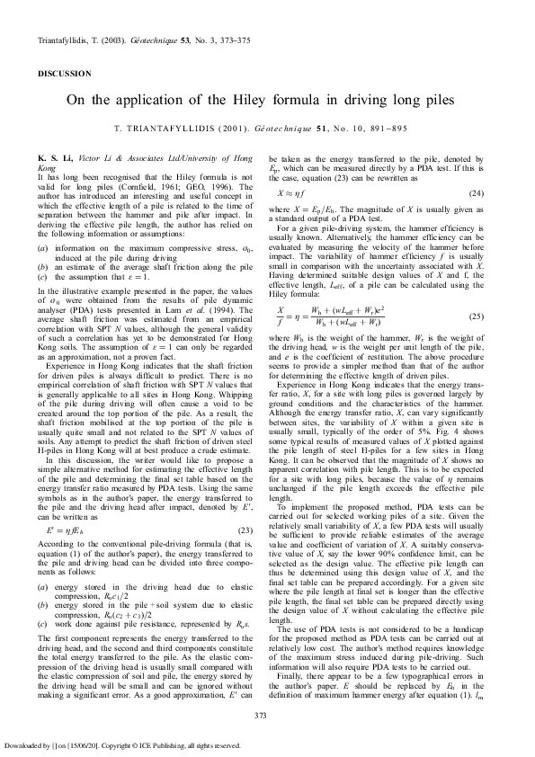 (PDF) On the application of the Hiley formula in driving long piles