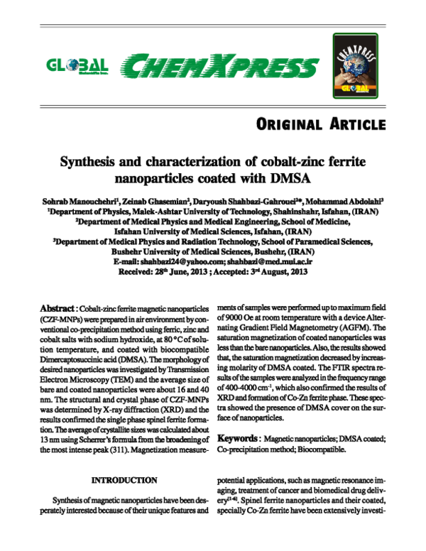 (PDF) Synthesis and characterization of cobalt-zinc ferrite nanoparticles coated with DMSA