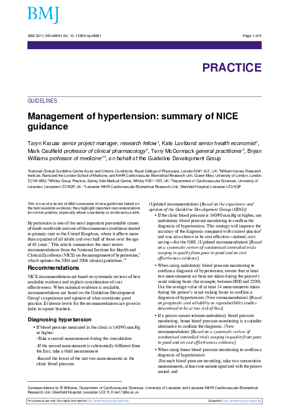 (PDF) Management of hypertension: summary of NICE guidance