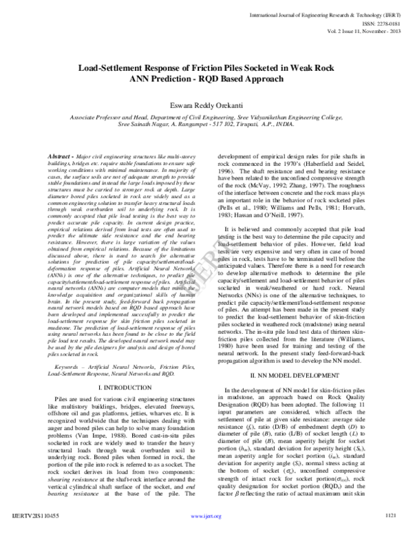 (PDF) IJERT-Load-Settlement Response of Friction Piles Socketed in Weak Rock ANN Prediction -RQD ...