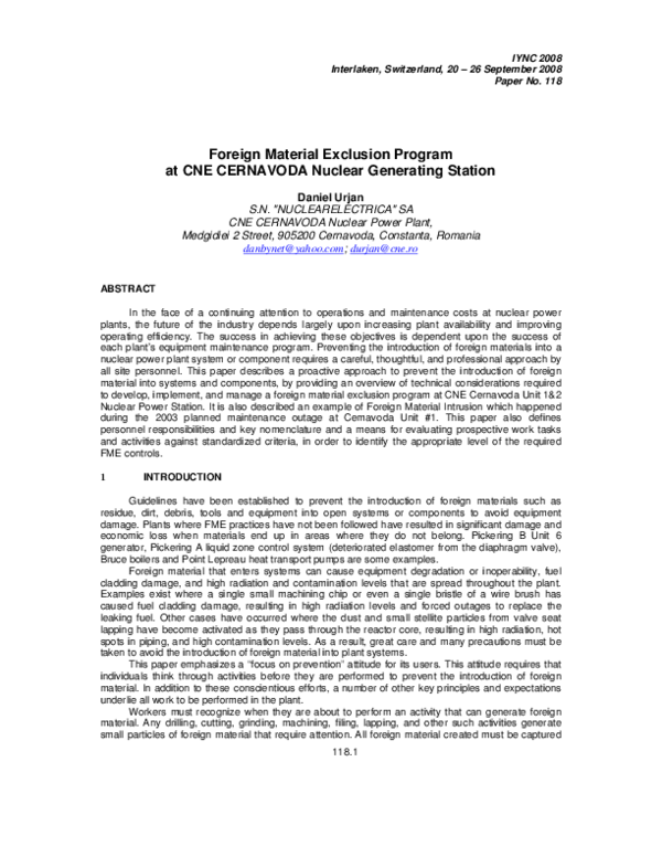 (PDF) Foreign Material Exclusion Program at CNE Cernavoda Nuclear ...
