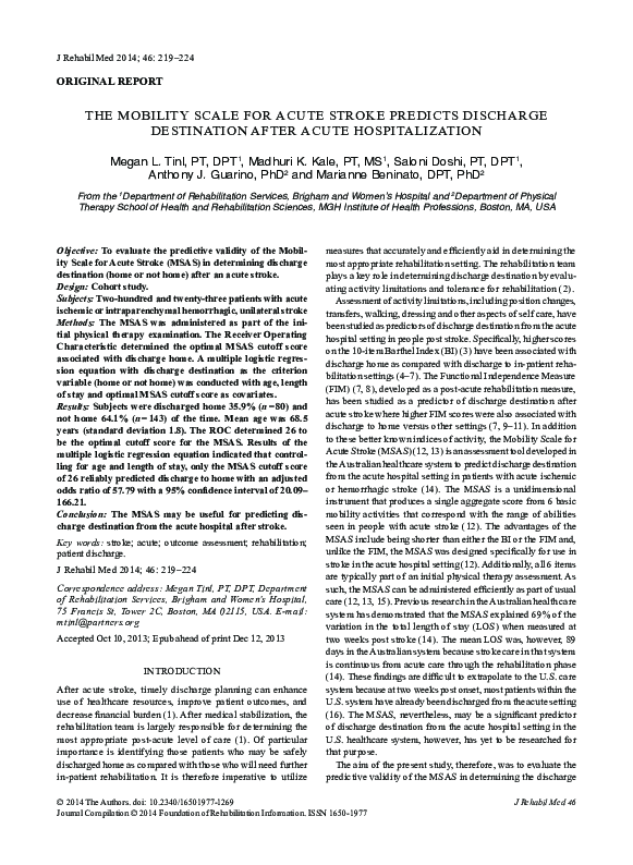 (PDF) The Mobility Scale for Acute Stroke predicts discharge ...