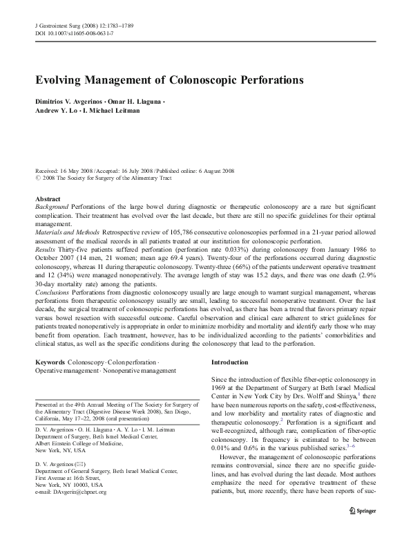 (PDF) Evolving Management of Colonoscopic Perforations