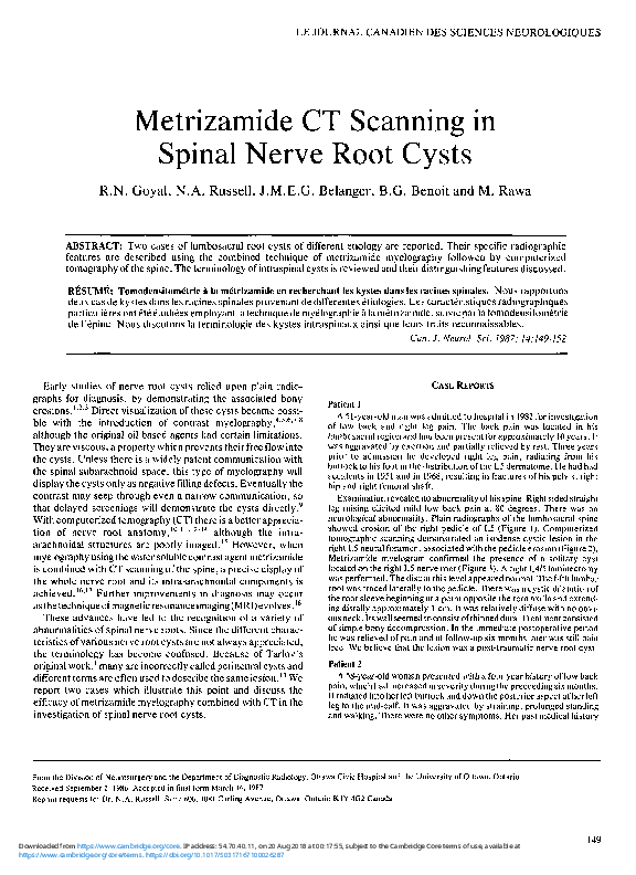 (PDF) Metrizamide CT scanning in spinal nerve root cysts