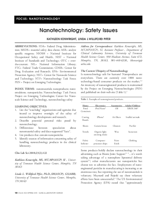 (PDF) Nanotechnology: safety issues