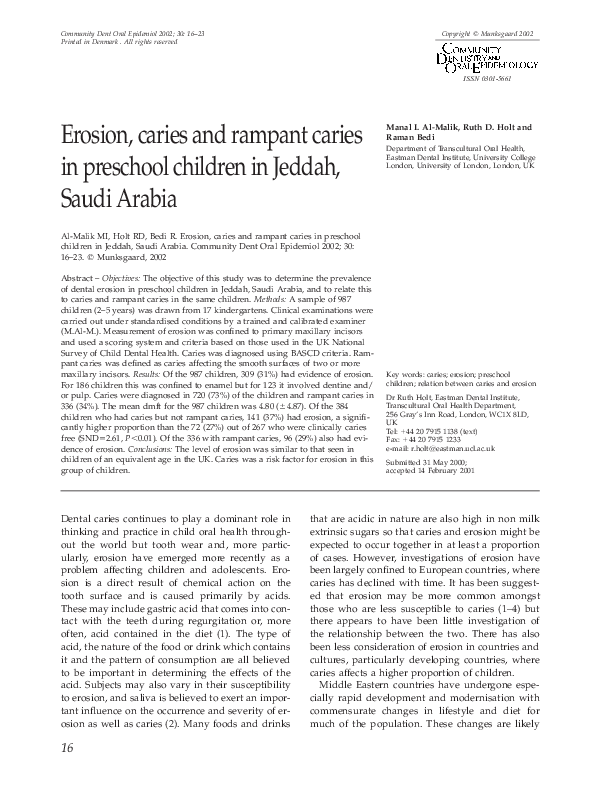 (PDF) Erosion, caries and rampant caries in preschool children in ...