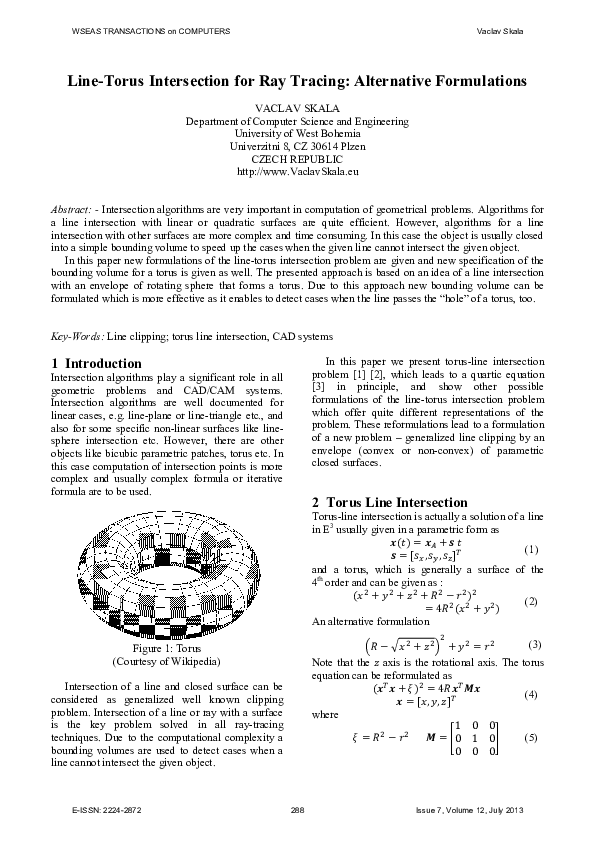 (PDF) Line-Torus Intersection for Ray Tracing: Alternative Formulations