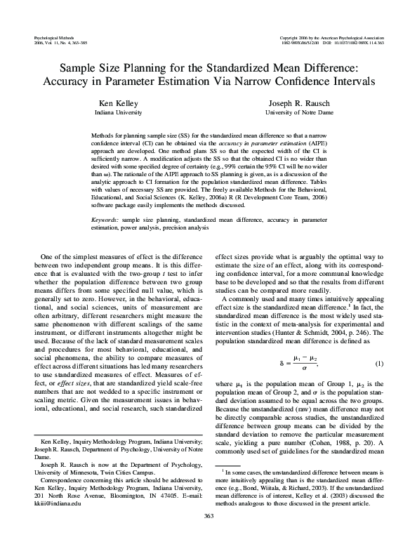 Pdf Sample Size Planning For The Standardized Mean Difference