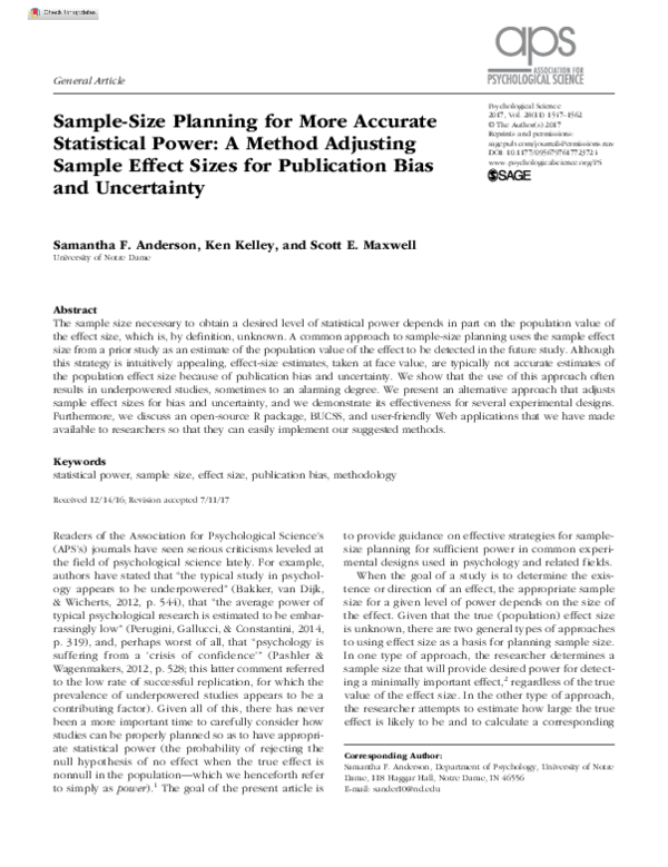 (PDF) Sample-Size Planning for More Accurate Statistical Power: A Method Adjusting Sample Effect ...