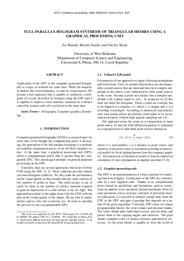 (PDF) FULL-PARALLAX HOLOGRAM SYNTHESIS OF TRIANGULAR MESHES USING A GRAPHICAL PROCESSING UNIT