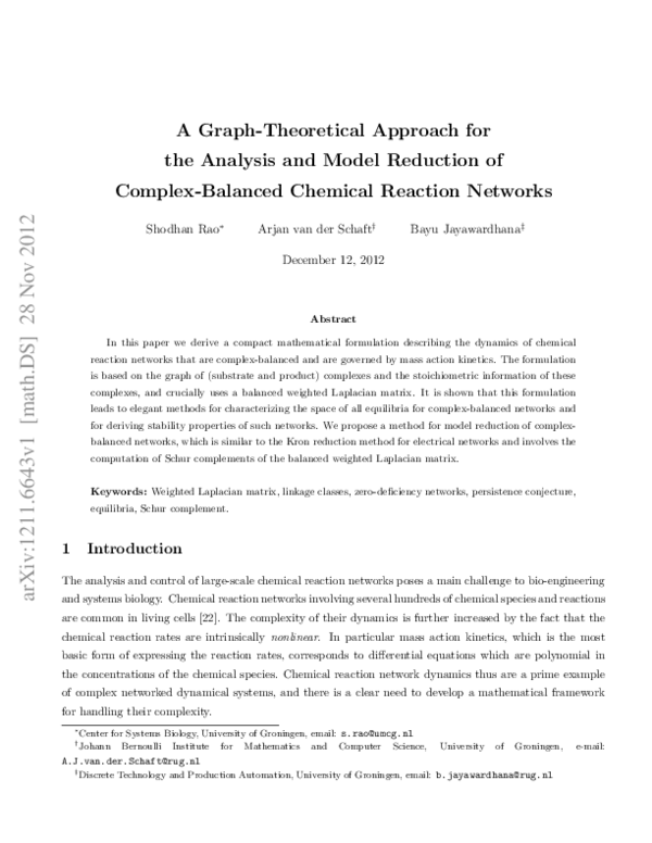 Pdf Graph Theoretical Model Reduction Of Complex Balanced Networks