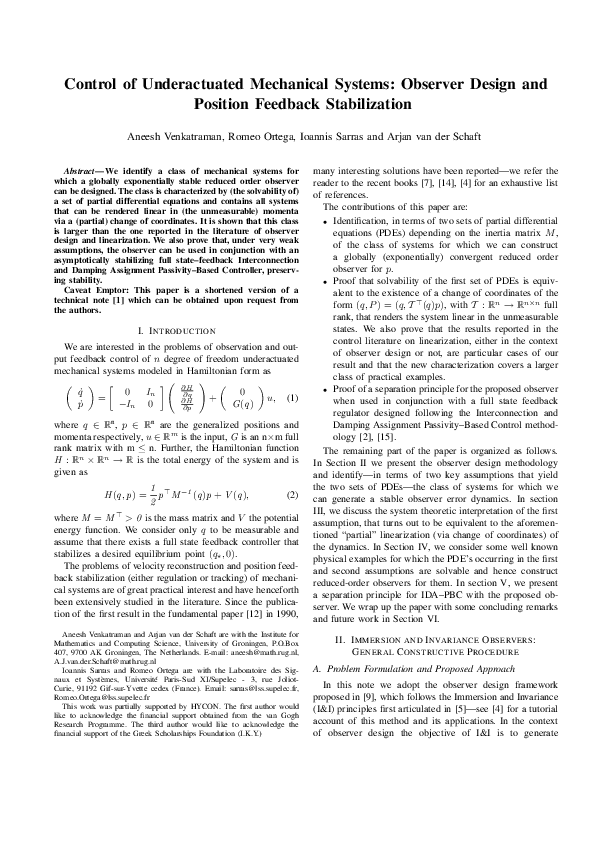 (PDF) Control of underactuated mechanical systems: Observer design and position feedback ...