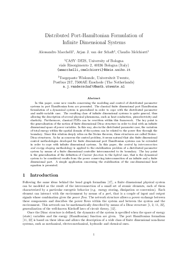 Pdf Distributed Port Hamiltonian Formulation Of Infinite Dimensional Systems