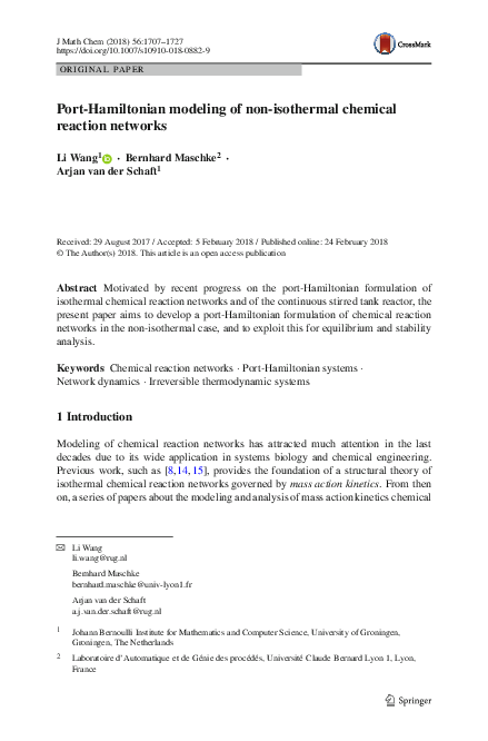 (PDF) Port-Hamiltonian modeling of non-isothermal chemical reaction networks