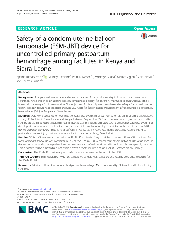 (PDF) Safety of a condom uterine balloon tamponade (ESM-UBT) device for uncontrolled primary ...