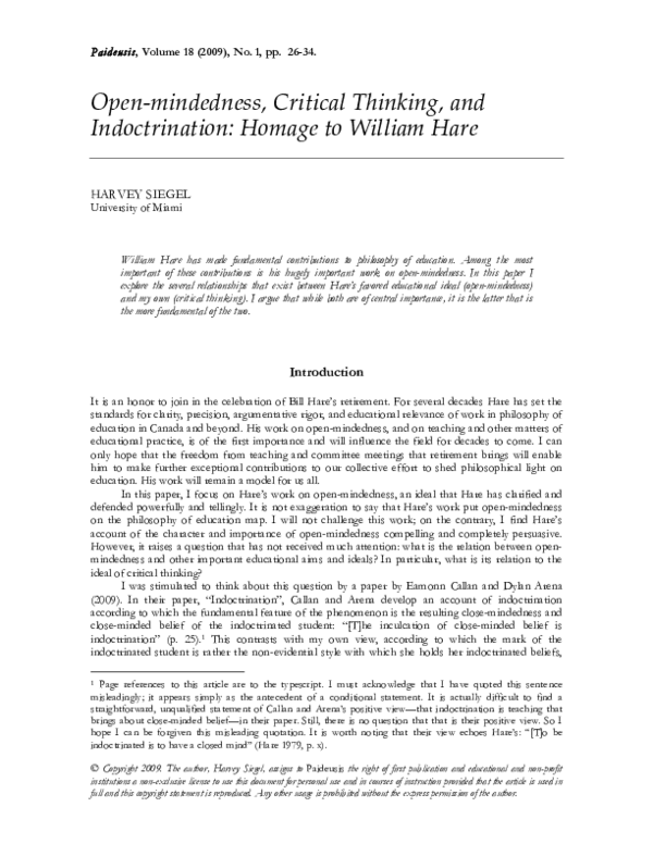(PDF) Open-Mindedness, Critical Thinking, and Indoctrination