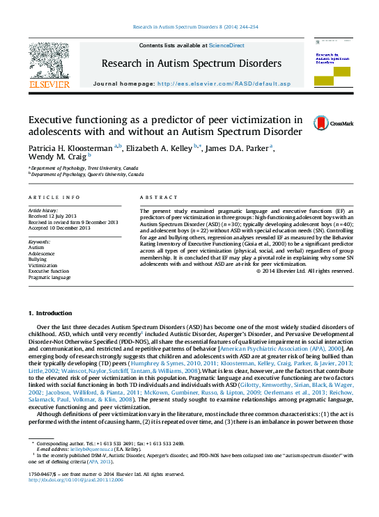 (PDF) Executive functioning as a predictor of peer victimization in ...