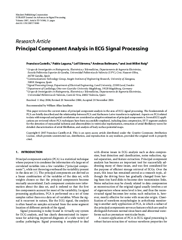 Pdf Principal Component Analysis In Ecg Signal Processing