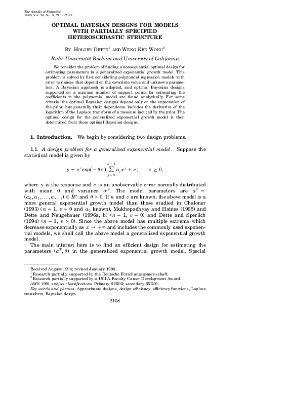 Pdf Optimal Bayesian Designs For Models With Partially Specified Heteroscedastic Structure