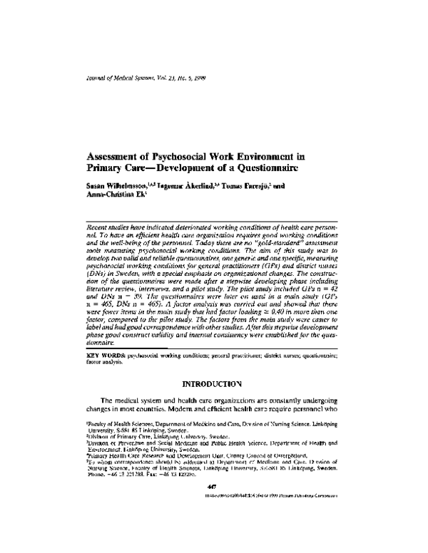 (PDF) Assessment of psychosocial work environment in primary care ...