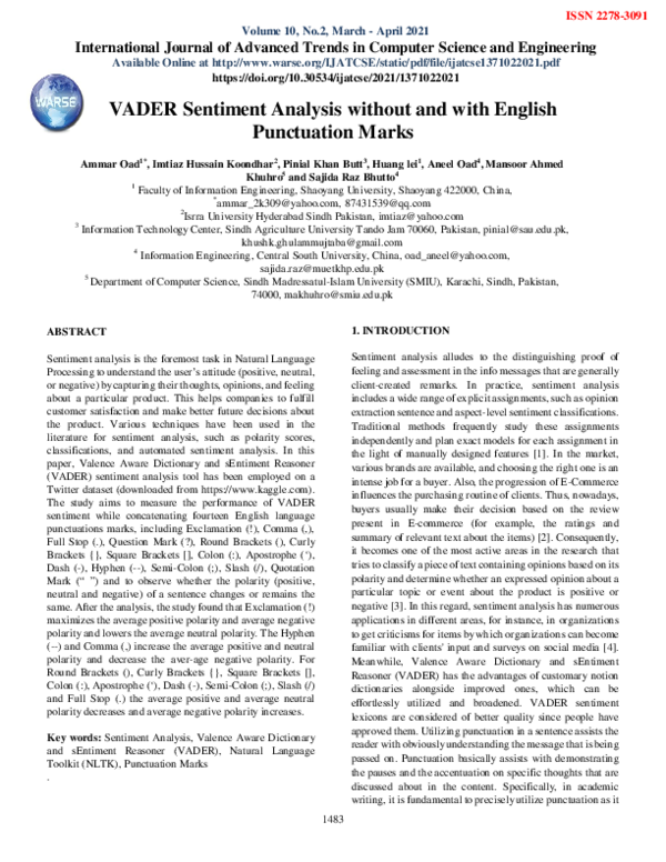 (PDF) VADER Sentiment Analysis without and with English Punctuation Marks