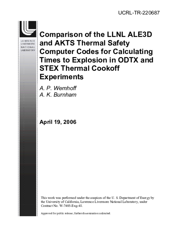 (PDF) Comparison of the LLNL ALE3D and AKTS Thermal Safety Computer ...