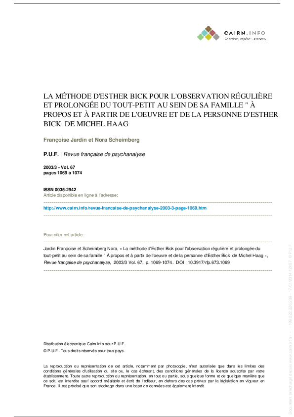 (PDF) La méthode d'Esther Bick pour l'observation régulière et ...