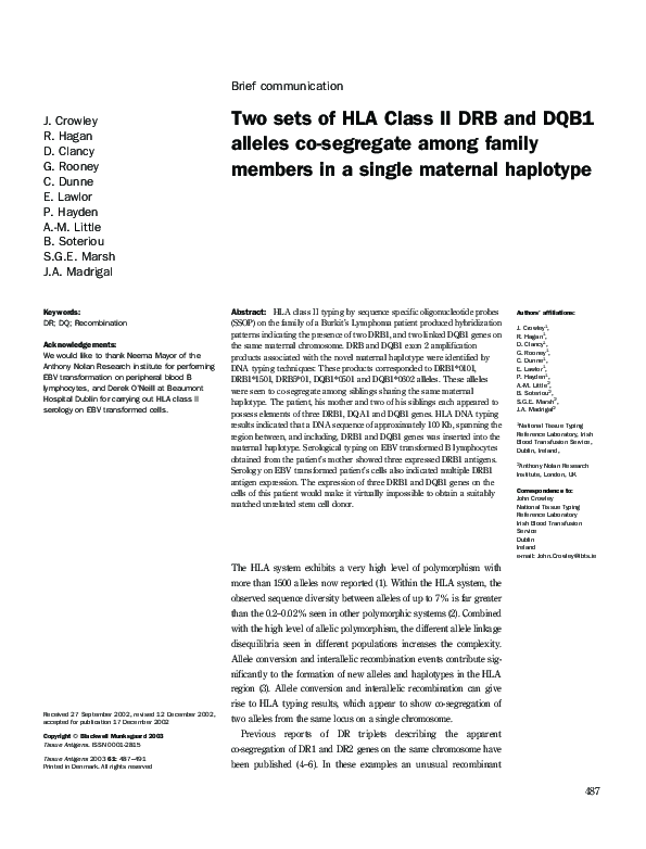 (PDF) Two sets of HLA Class II DRB and DQB1 alleles co-segregate among ...