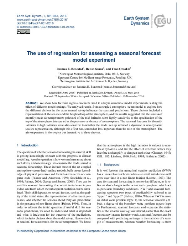 (PDF) The use of regression for assessing a seasonal forecast model ...