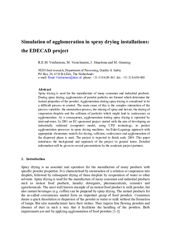 (PDF) Simulation of Agglomeration in Spray Drying Installations: The ...