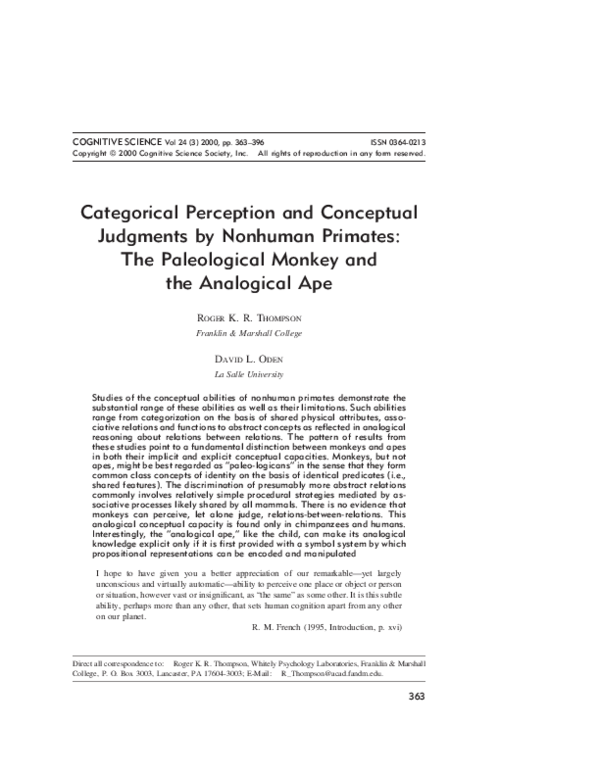 (PDF) Categorical Perception and Conceptual Judgments by Nonhuman ...