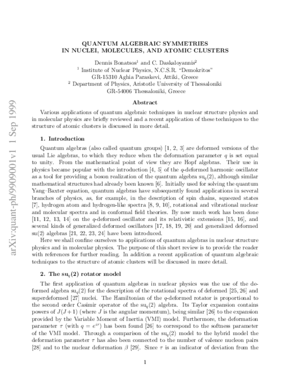 (PDF) Quantum Algebraic Symmetries in Nuclei, Molecules and Atomic Clusters (PDF) Quantum Algebraic Symmetries in Nuclei, Molecules and Atomic Clusters