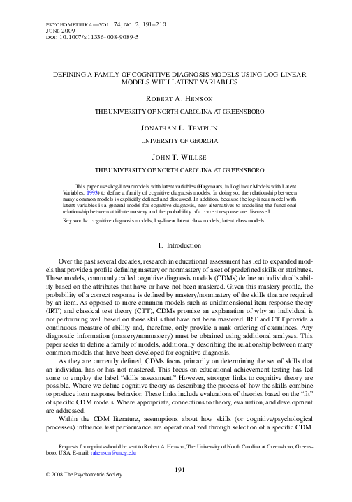 (PDF) Defining a Family of Cognitive Diagnosis Models Using Log-Linear Models with Latent Variables