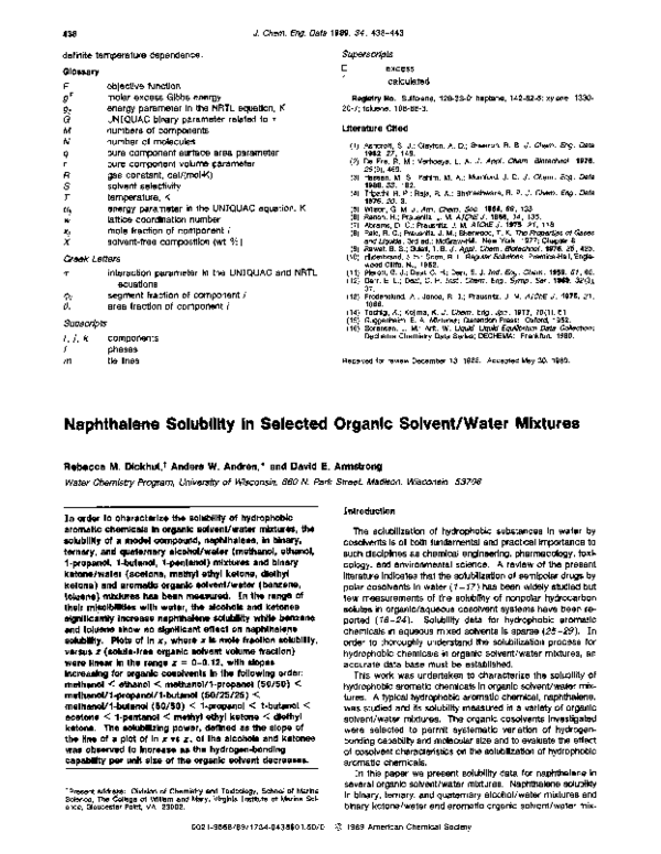 (PDF) Naphthalene solubility in selected organic solvent/water mixtures