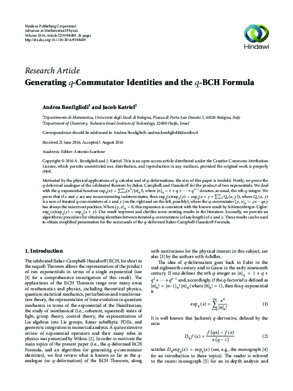 (PDF) Generating q -Commutator Identities and the q -BCH Formula
