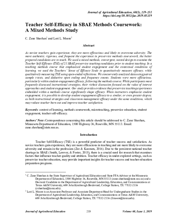 (PDF) Teacher Self-Efficacy in SBAE Methods Coursework: A Mixed Methods ...
