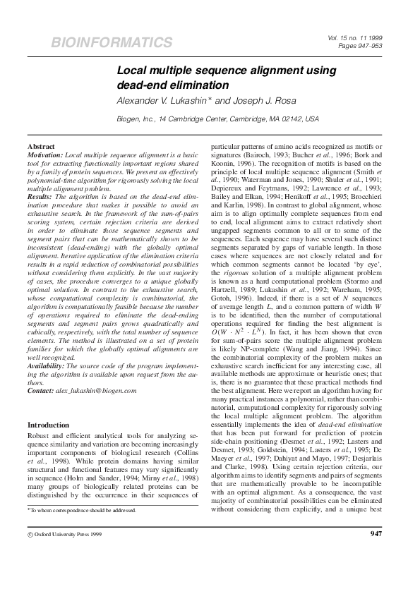 (PDF) Local multiple sequence alignment using dead-end elimination