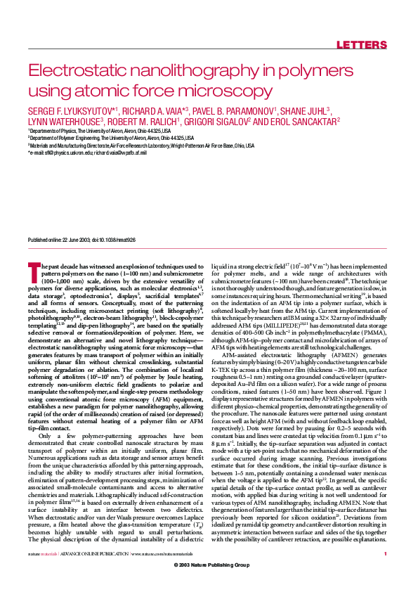 Pdf Electrostatic Nanolithography In Polymers Using Atomic Force Microscopy