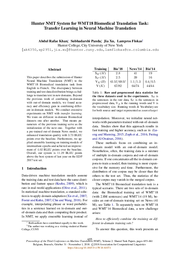 (PDF) Hunter NMT System for WMT18 Biomedical Translation Task: Transfer Learning in Neural ...