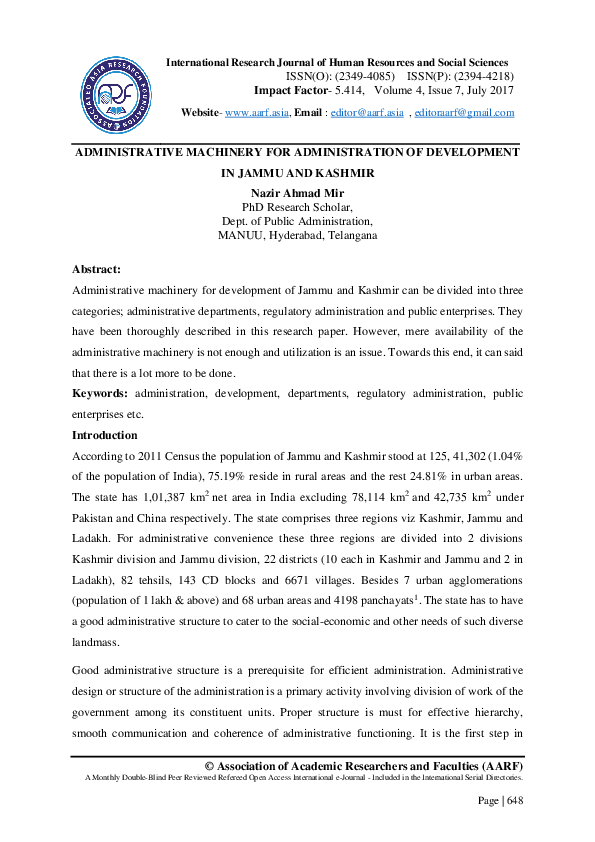 (PDF) ADMINISTRATIVE MACHINERY FOR ADMINISTRATION OF DEVELOPMENT