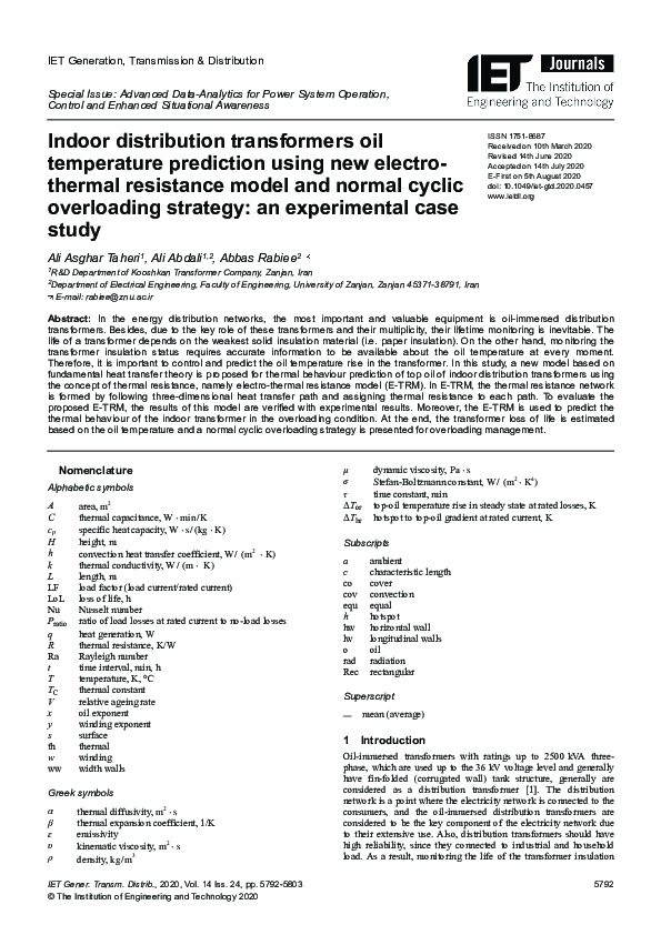 Pdf Indoor Distribution Transformers Oil Temperature Prediction Using New Electro Thermal