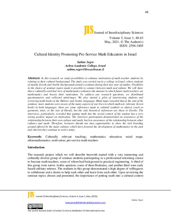 (PDF) Cultural Identity Promoting Pre-Service Math Educators in Israel