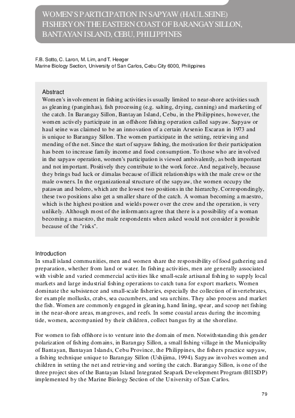 (PDF) Women's Participation in Sapyaw (Haul Seine) Fishery on the ...