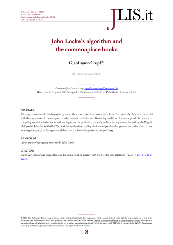 (PDF) John Locke's algorithm and the commonplace books