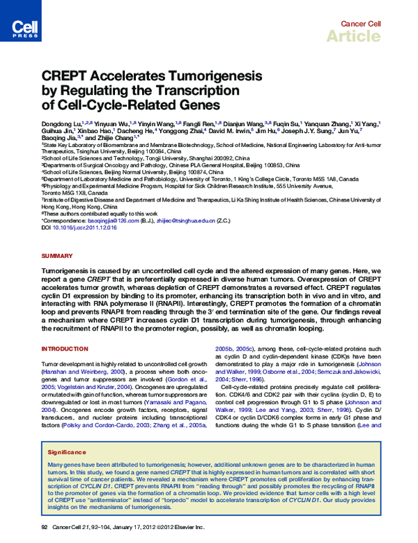 (PDF) CREPT Accelerates Tumorigenesis by Regulating the Transcription ...